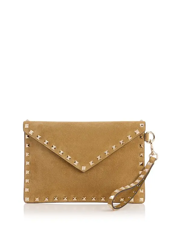 Valentino Garavani Rockstud Medium Suede Flat Pouch - Beige