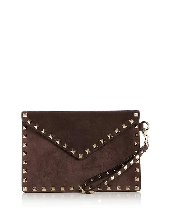 Valentino Garavani Rockstud Medium Suede Flat Pouch - Brown