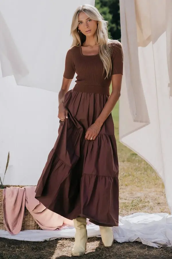 FLYING TOMATO Astra Tiered Dress - Espresso