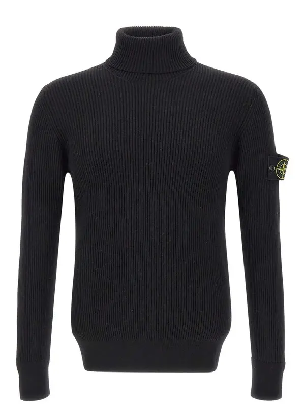 Stone Island Ribbed Wool Turtleneck Sweater - Black