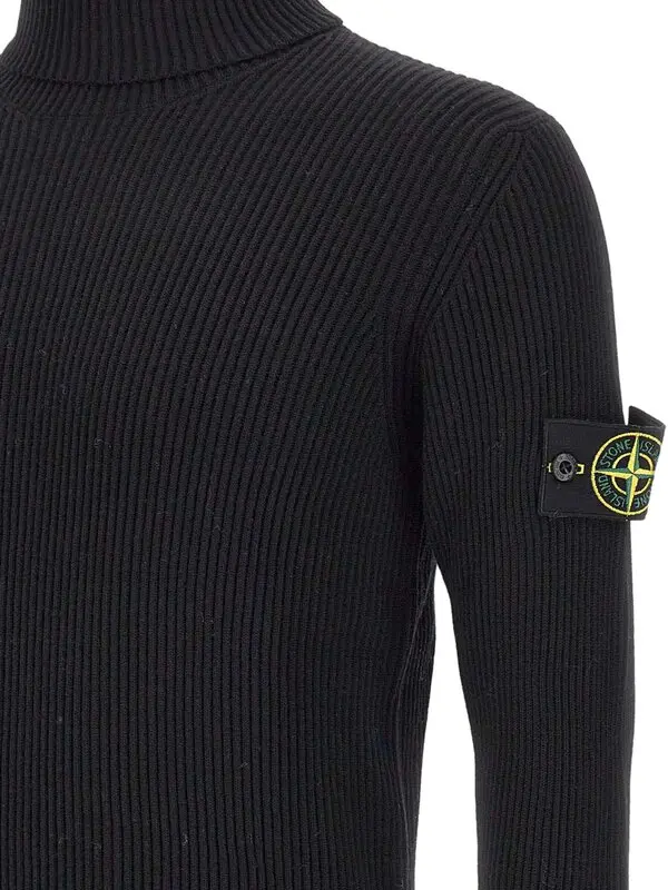 Stone Island Ribbed Wool Turtleneck Sweater - Black