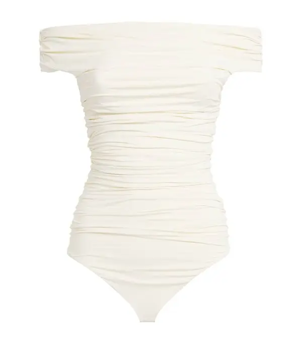 MORE NOIR Nadia Off-the-shoulder Ruched One-piece Swimsuit