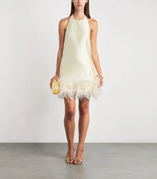SELF-PORTRAIT Taffeta Feather-trim Halterneck Mini Dress - Yellow