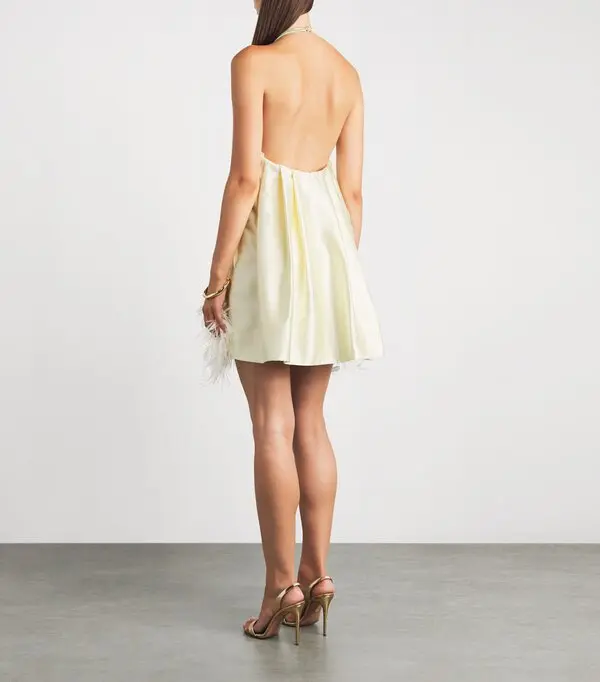 SELF-PORTRAIT Taffeta Feather-trim Halterneck Mini Dress - Yellow