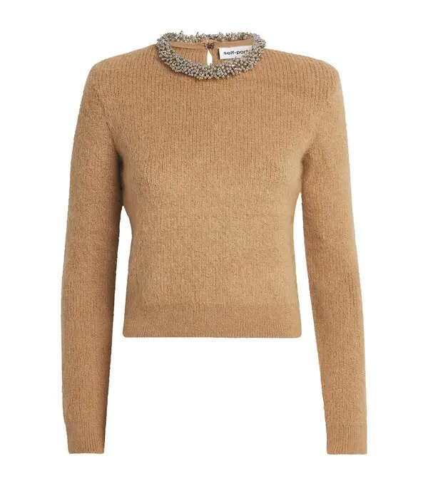 SELF-PORTRAIT Beaded Neckline Alpaca Wool Blend Sweater - Brown