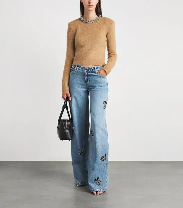 SELF-PORTRAIT Beaded Neckline Alpaca Wool Blend Sweater - Brown