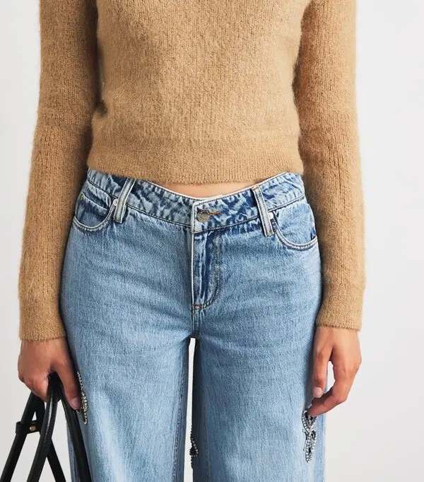 SELF-PORTRAIT Beaded Neckline Alpaca Wool Blend Sweater - Brown