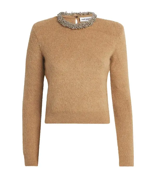 SELF-PORTRAIT Beaded Neckline Alpaca Wool Blend Sweater - Brown