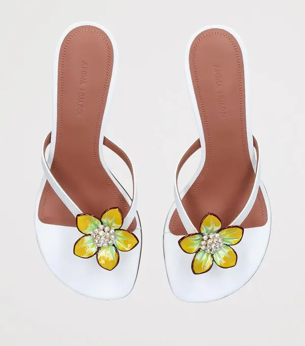 Amina Muaddi Leather Vittoria Flower Heeled Sandals