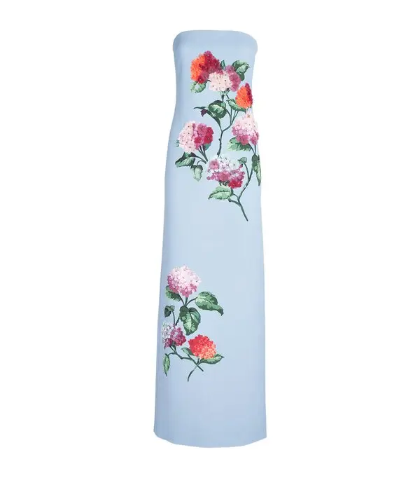 Carolina Herrera Strapless Column Gown With Hydrangea Print And Floral Embroidery