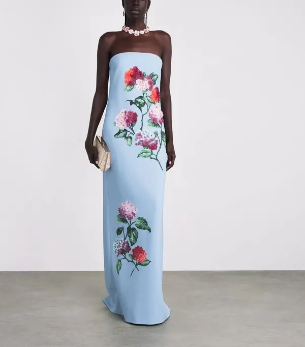 Carolina Herrera Strapless Column Gown With Hydrangea Print And Floral Embroidery