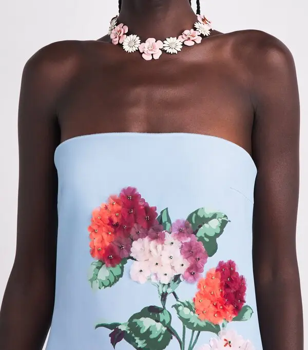 Carolina Herrera Strapless Column Gown With Hydrangea Print And Floral Embroidery