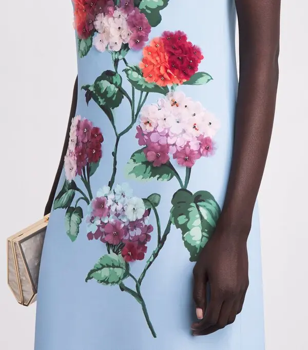 Carolina Herrera Strapless Column Gown With Hydrangea Print And Floral Embroidery