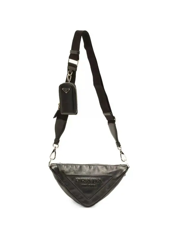 Prada Triangle Embossed Shoulder Bag - Black