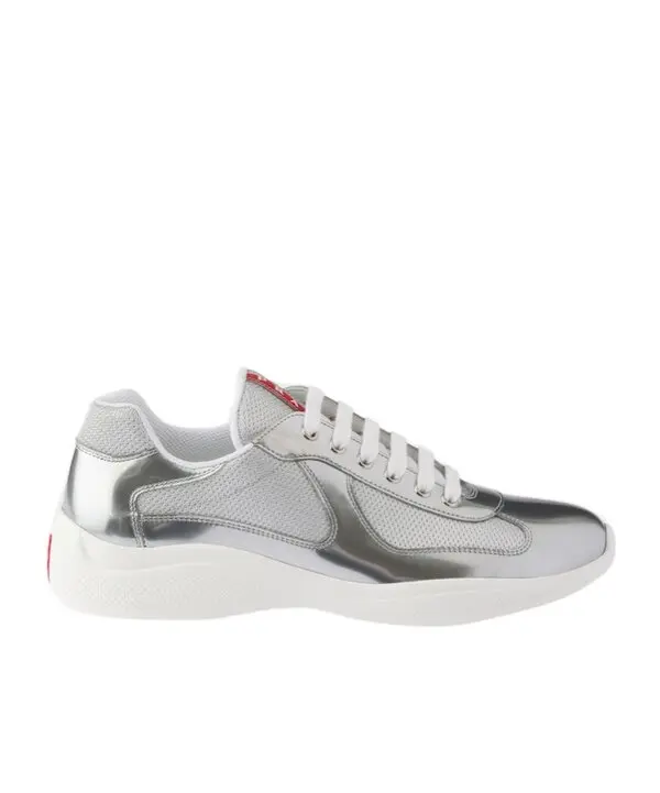 Prada America's Cup Metallic Leather And Bike Fabric Lace Up Sneakers - Silver