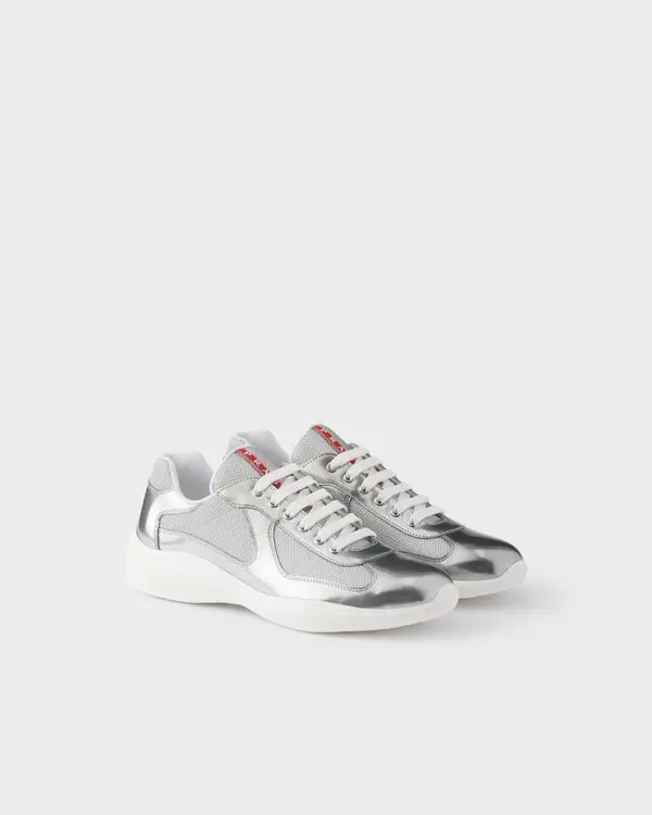 Prada America's Cup Metallic Leather And Bike Fabric Lace Up Sneakers - Silver
