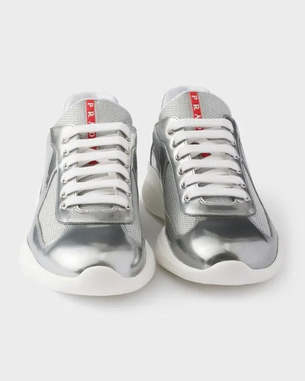 Prada America's Cup Metallic Leather And Bike Fabric Lace Up Sneakers - Silver