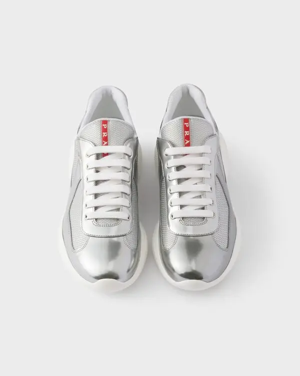 Prada America's Cup Metallic Leather And Bike Fabric Lace Up Sneakers - Silver