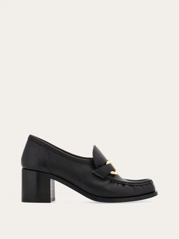 FERRAGAMO Block Heel Loafer With Gancini Ornament - Black