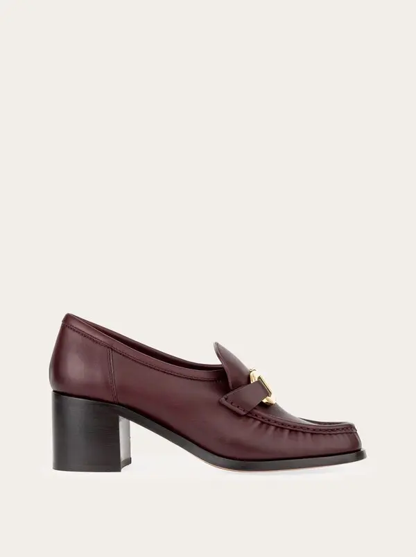FERRAGAMO Block Heel Loafer With Gancini Ornament - Brown
