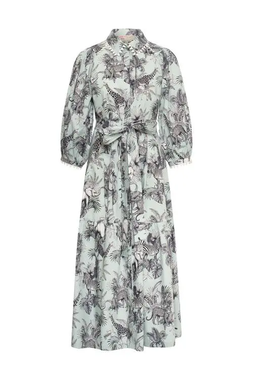 MAISON COMMON Printed Poplin Dress With Macrame Trim - Mint