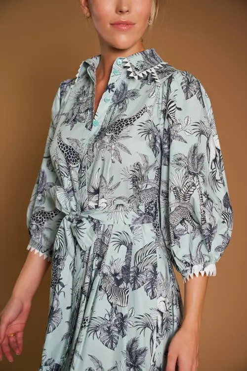 MAISON COMMON Printed Poplin Dress With Macrame Trim - Mint