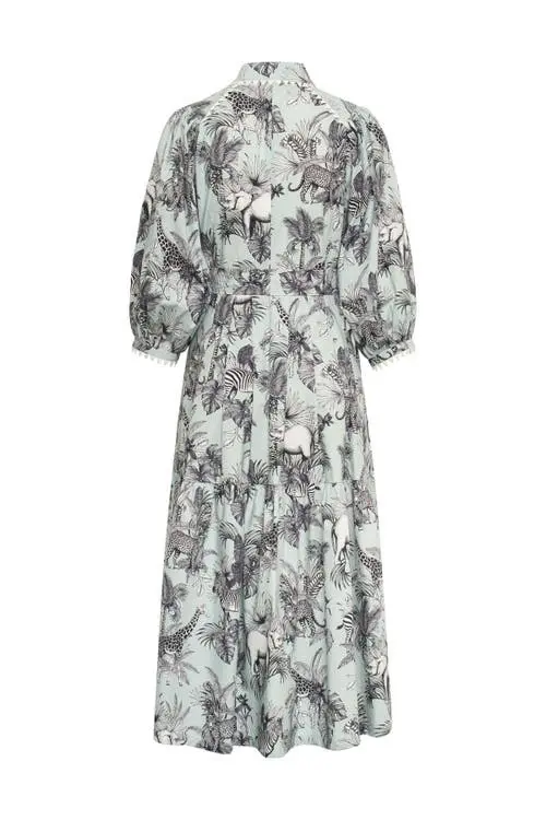 MAISON COMMON Printed Poplin Dress With Macrame Trim - Mint