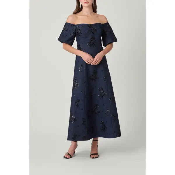 Shoshanna Sequin Embellished Off-the-shoulder Denim Maxi Dress