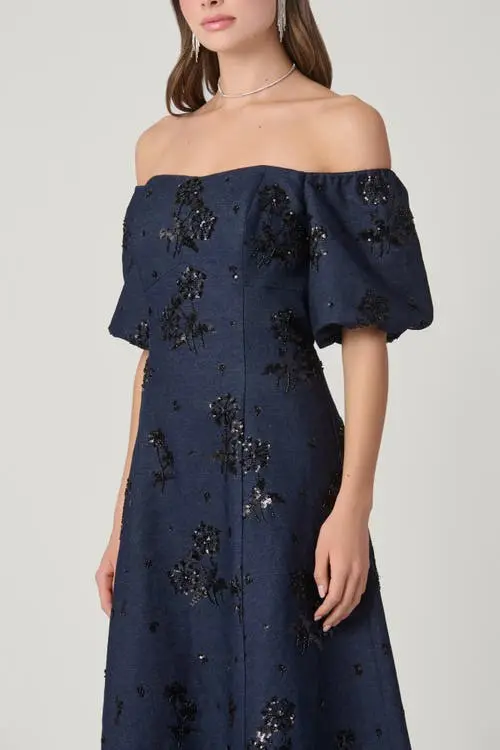 Shoshanna Sequin Embellished Off-the-shoulder Denim Maxi Dress
