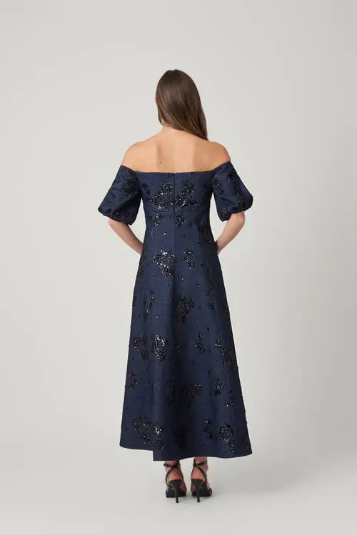 Shoshanna Sequin Embellished Off-the-shoulder Denim Maxi Dress