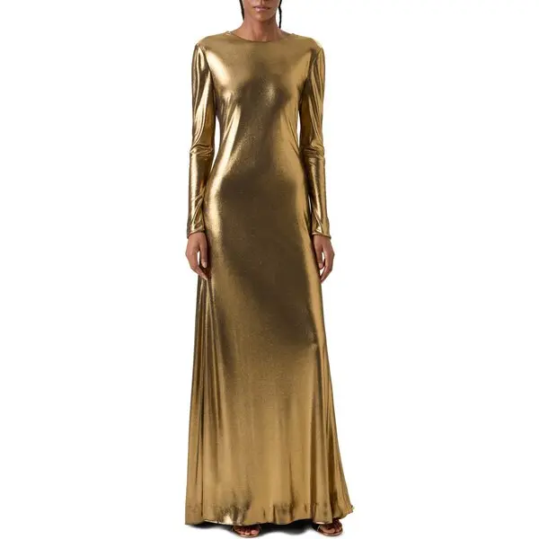 Akris Metallic Long Sleeve Twist Back Jersey Gown