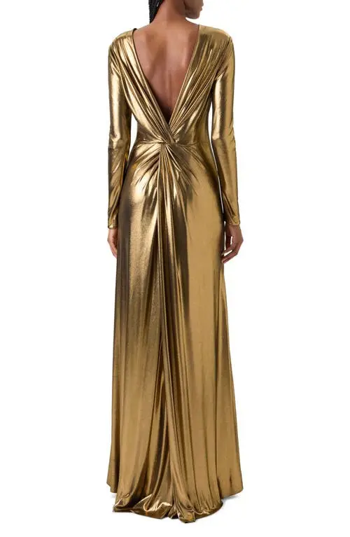 Akris Metallic Long Sleeve Twist Back Jersey Gown