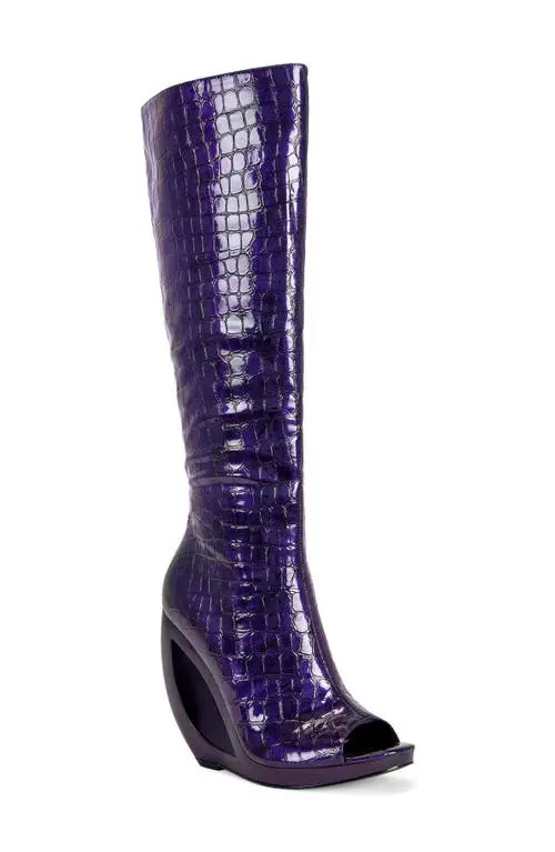 AZALEA WANG Camilla Croc Embossed Peep Toe Wedge Boot - Purple