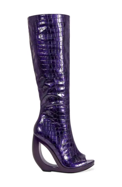 AZALEA WANG Camilla Croc Embossed Peep Toe Wedge Boot - Purple