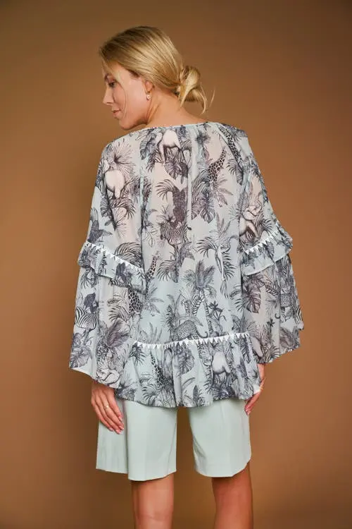MAISON COMMON Printed Batiste Blouse With Ruffles - Mint