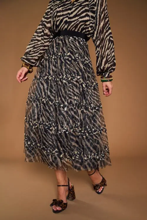 MAISON COMMON Printed Tull Skirt With Embroideryzebra Print