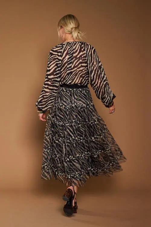 MAISON COMMON Printed Tull Skirt With Embroideryzebra Print