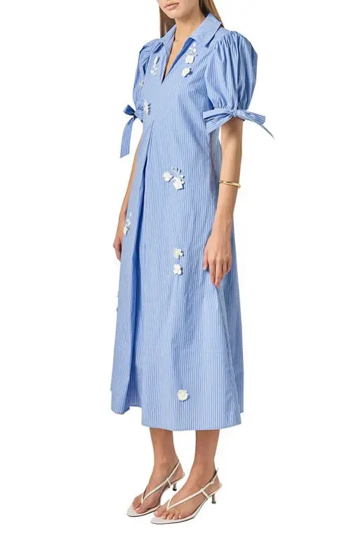 English Factory Striped Midi Dress With Flower Appliqués