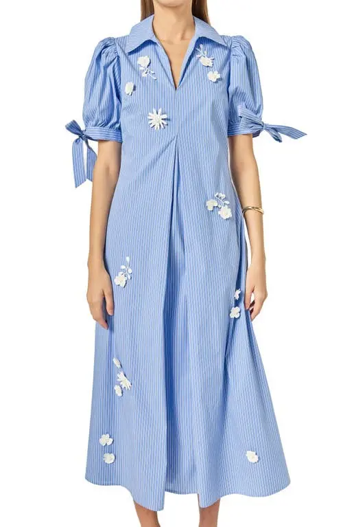 English Factory Striped Midi Dress With Flower Appliqués