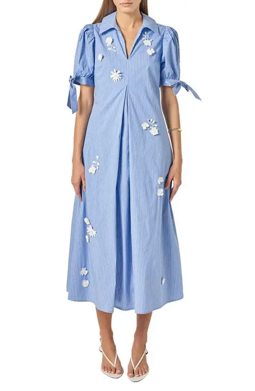 English Factory Striped Midi Dress With Flower Appliqués - Blue Stripe