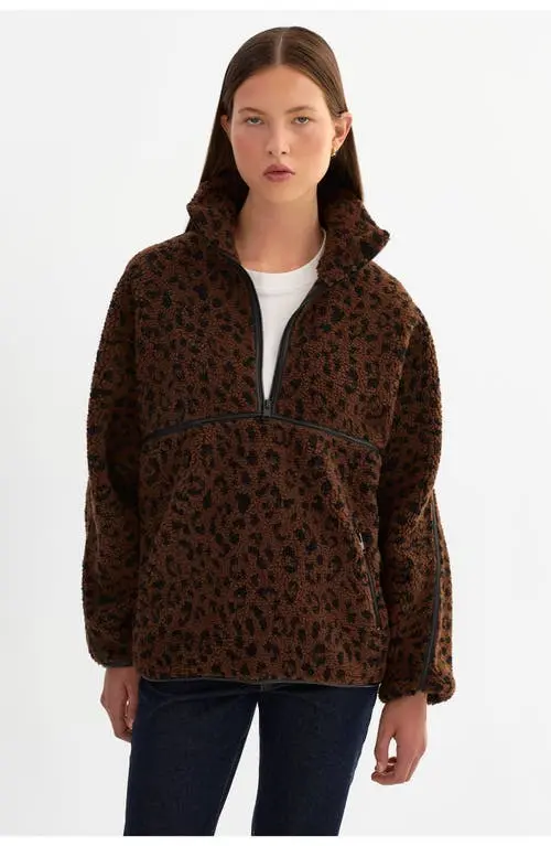 LAMARQUE Helsa Polar Fleece Pullover With Faux Leather Piping - Leopard