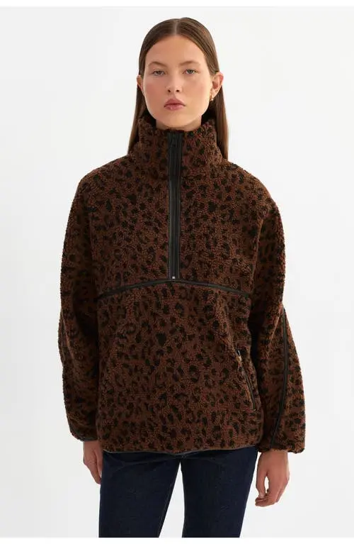 LAMARQUE Helsa Polar Fleece Pullover With Faux Leather Piping - Leopard