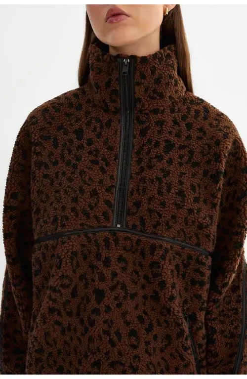 LAMARQUE Helsa Polar Fleece Pullover With Faux Leather Piping - Leopard
