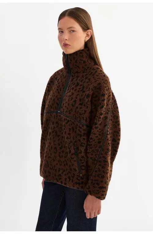 LAMARQUE Helsa Polar Fleece Pullover With Faux Leather Piping - Leopard