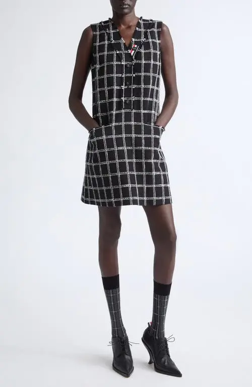 Thom Browne Fray Edge Windowpane Check V-neck Cardigan Dress - Black