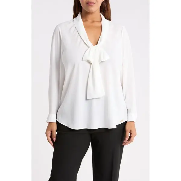 TAHARI ASL Tie Neck Long Sleeve Shirt - Ivory
