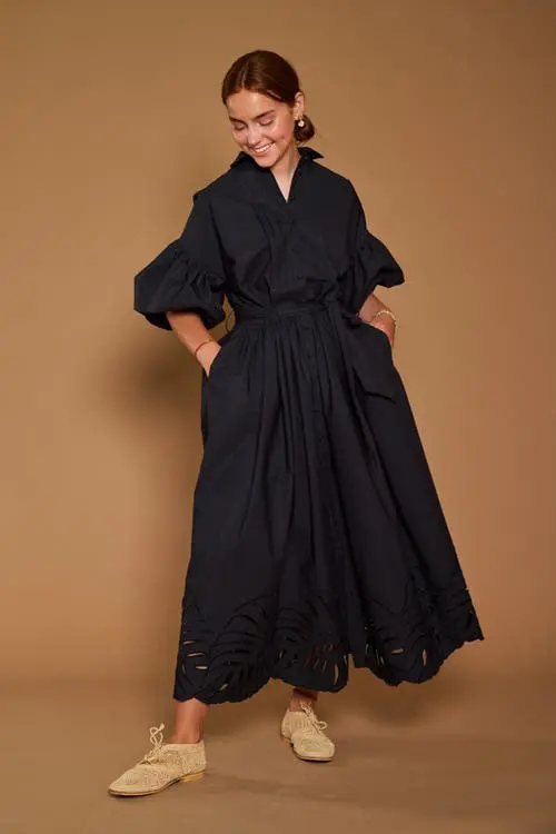 MAISON COMMON Poplin Dress With Big Leave Embroidery - Black