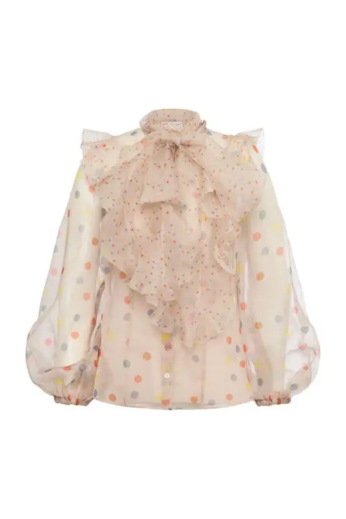 MAISON COMMON Printed Silk Organza Blouse With Flounces Polka Dot Print - Sand Multicolour