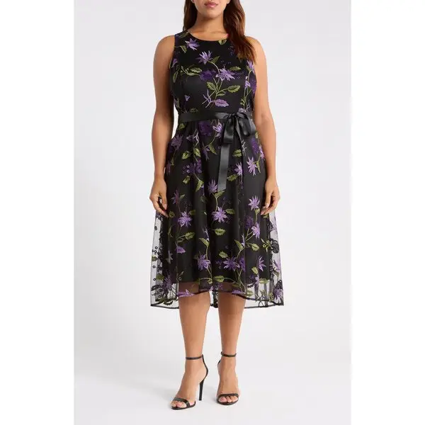 TAHARI ASL Floral Embroidered Sleeveless Midi Dress - Black Grape