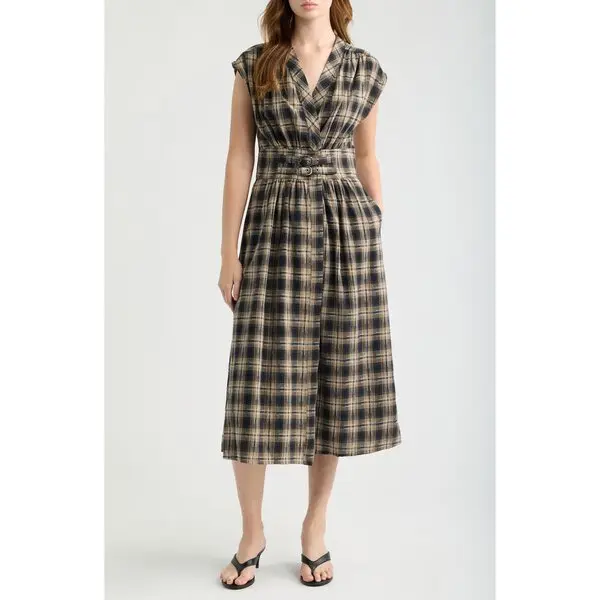 Deluc Elton Plaid Cotton Midi Dress - Black Checks